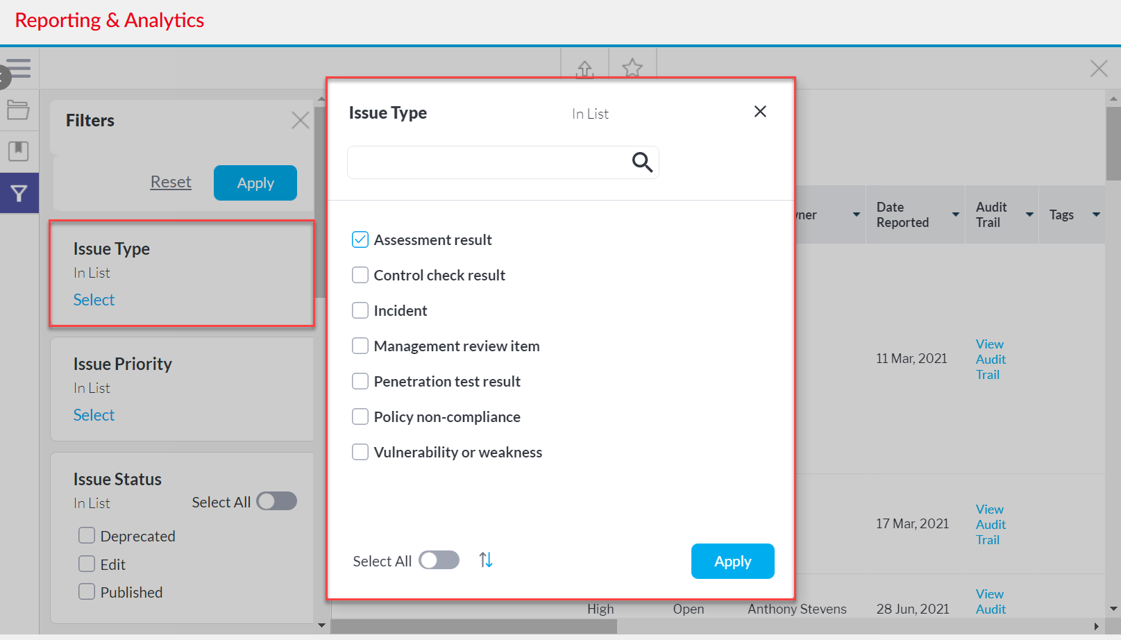 Issue Register Reporting