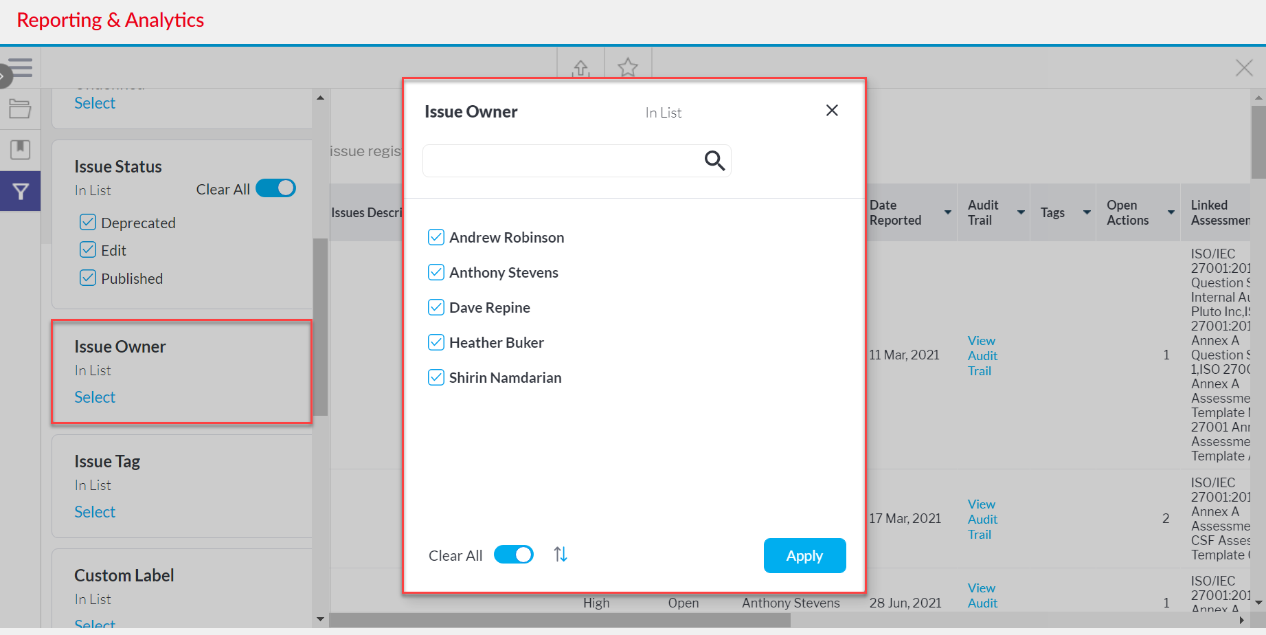 Issue Register Reporting