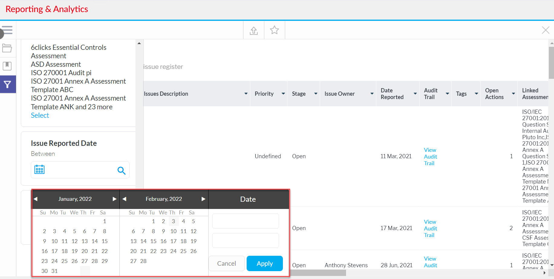 Issue Register Reporting